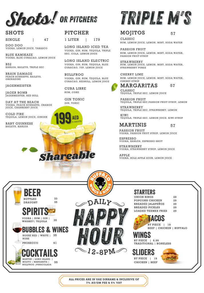 Buffalo Wings and Rings Dubai - BAR MENU