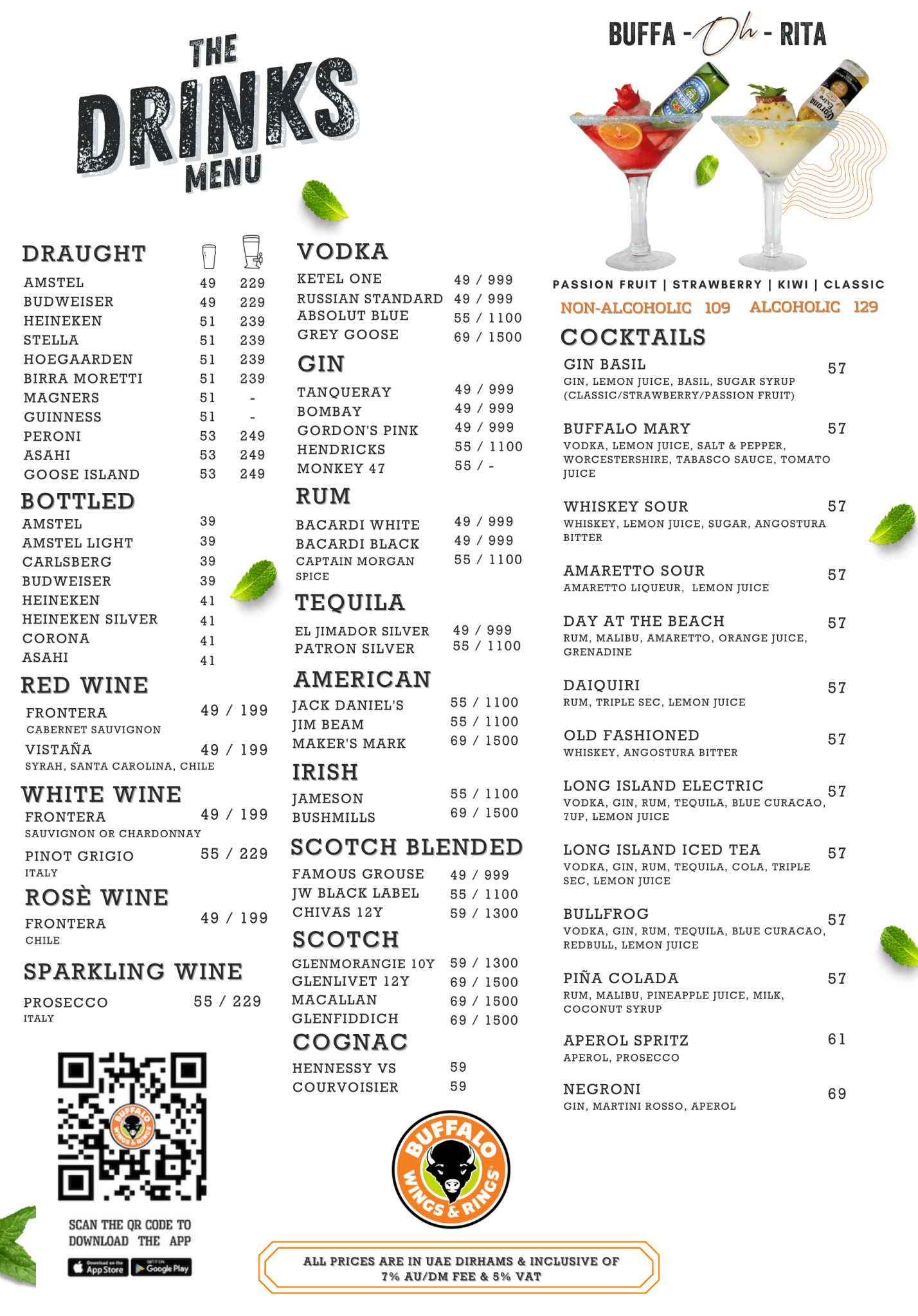 Buffalo Wings and Rings Dubai - BAR MENU